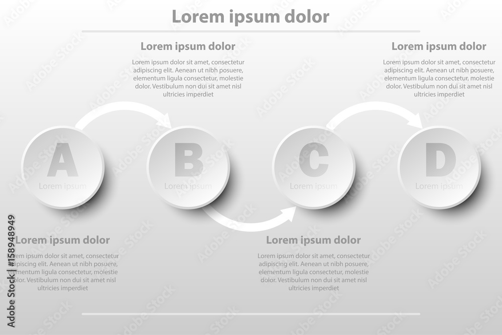 Four simple white 3D paper circles in sequence for website presentation ...