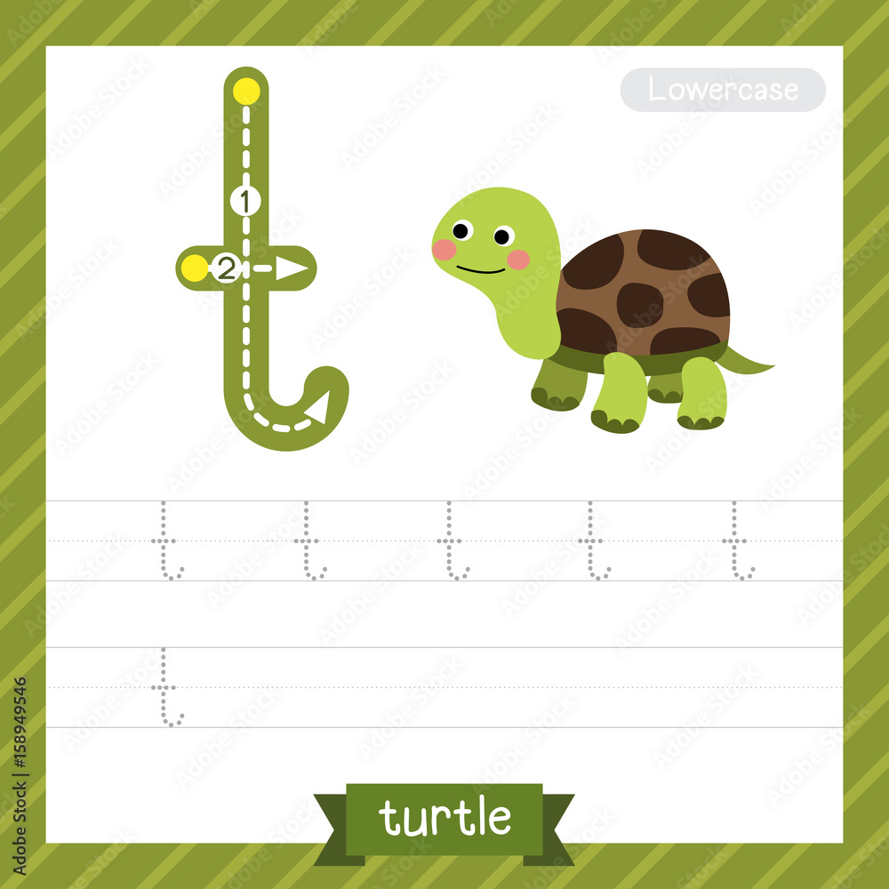 Letter T lowercase tracing practice worksheet with turtle for kids ...