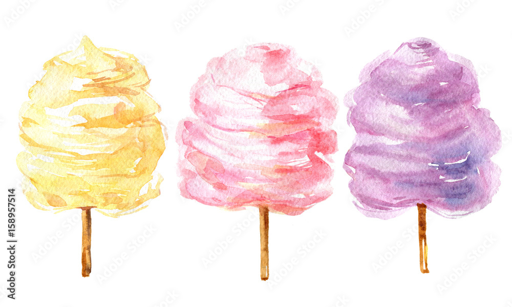 Сotton candy on sticks isolated on a white background, watercolor ...