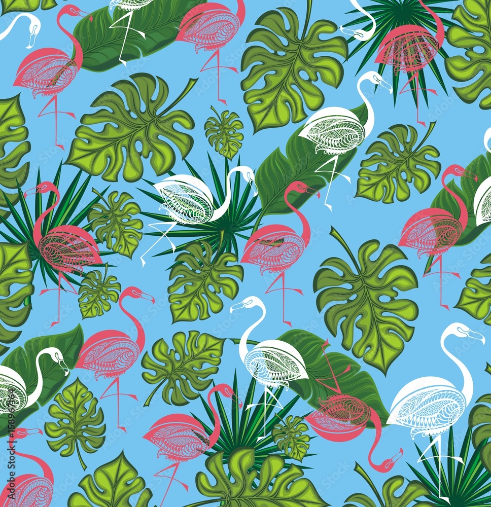 Summer background with Flamingo and tropic leaves Stock Vector | Adobe ...