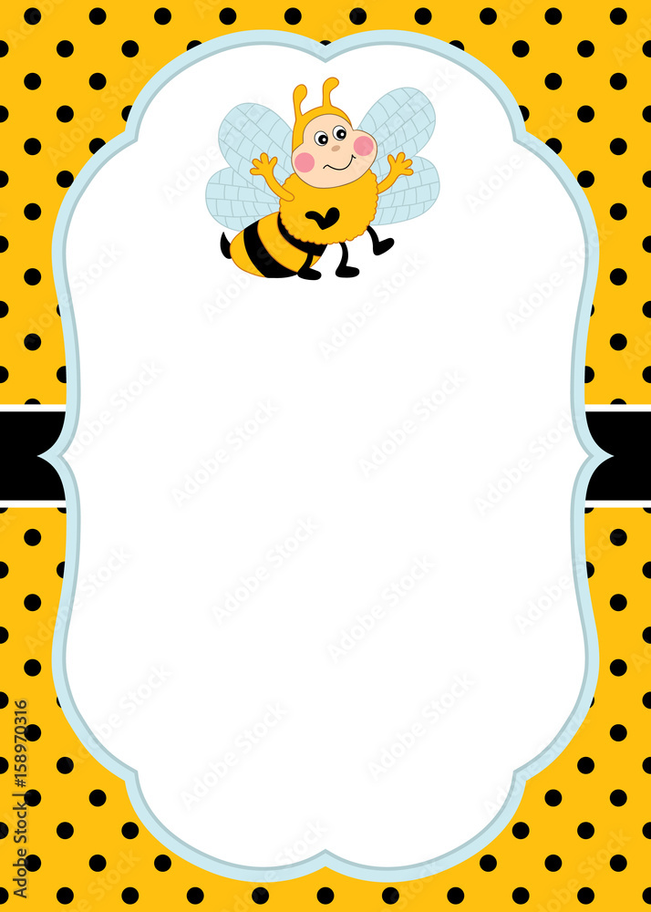 Vector Card Template with a Cartoon Bee on Polka Dot Background. Vector ...