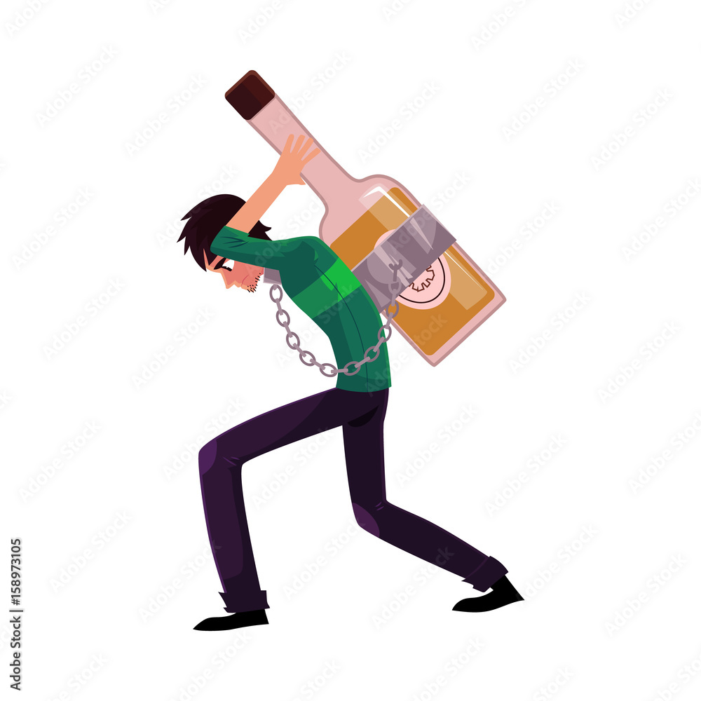 Young man chained to huge bottle of liquor, carrying it on his back ...