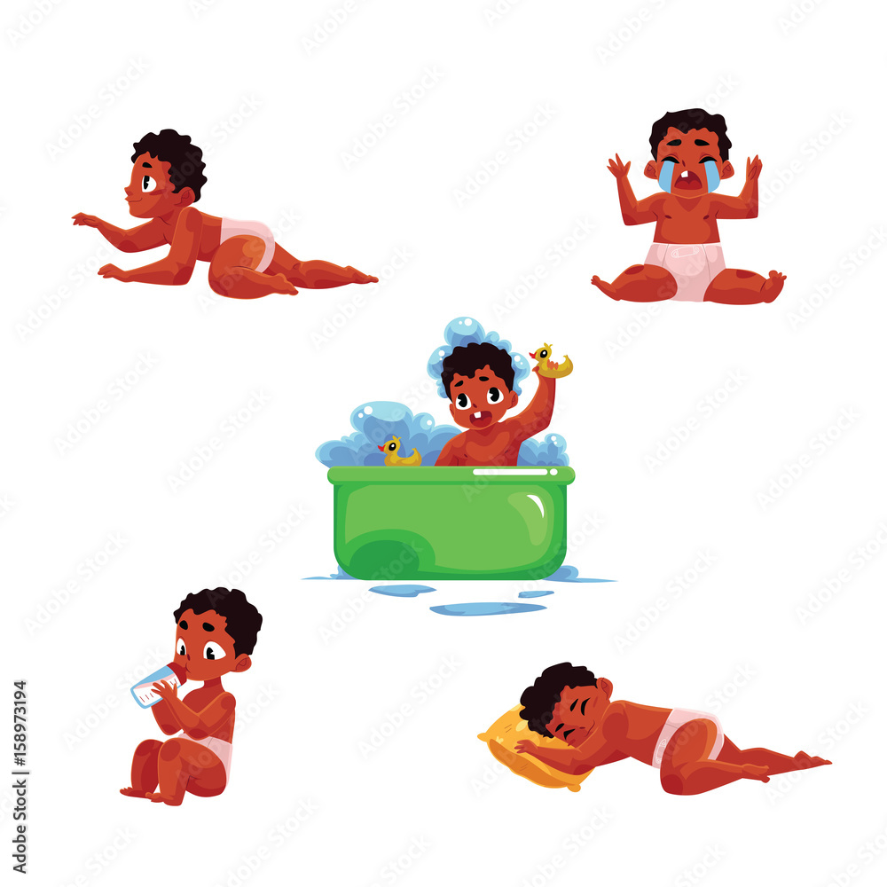 Little black, African American baby kid, infant daily routine - eat ...