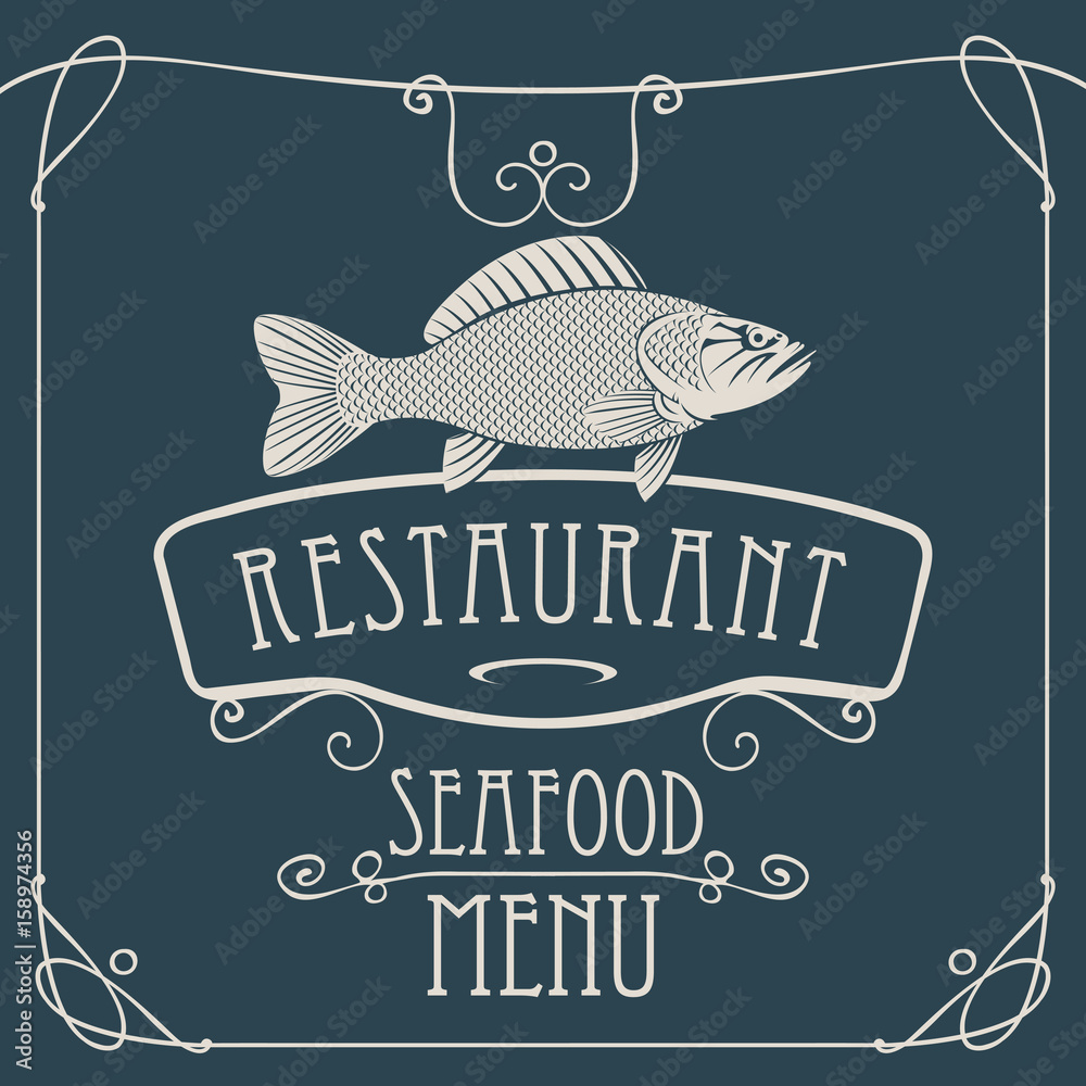 Vector restaurant menu of seafood with a big fish in a retro style with ...