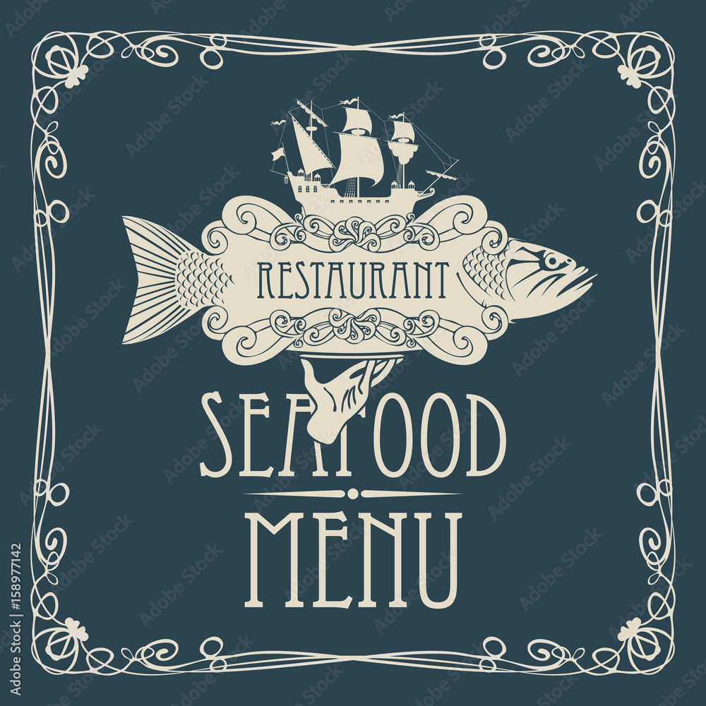 Vector restaurant menu of seafood with a picture of a hand with a tray ...