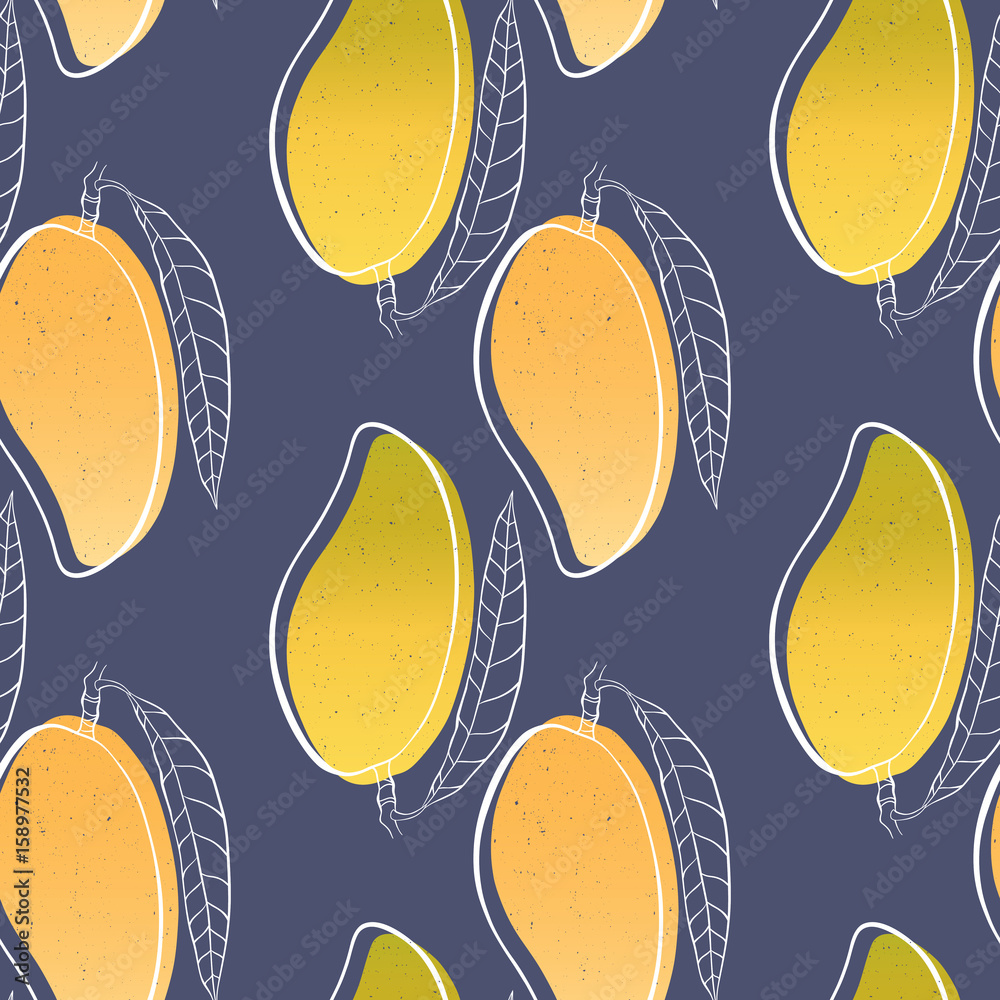 Tropical seamless pattern with mango on blue background.Vector hand ...