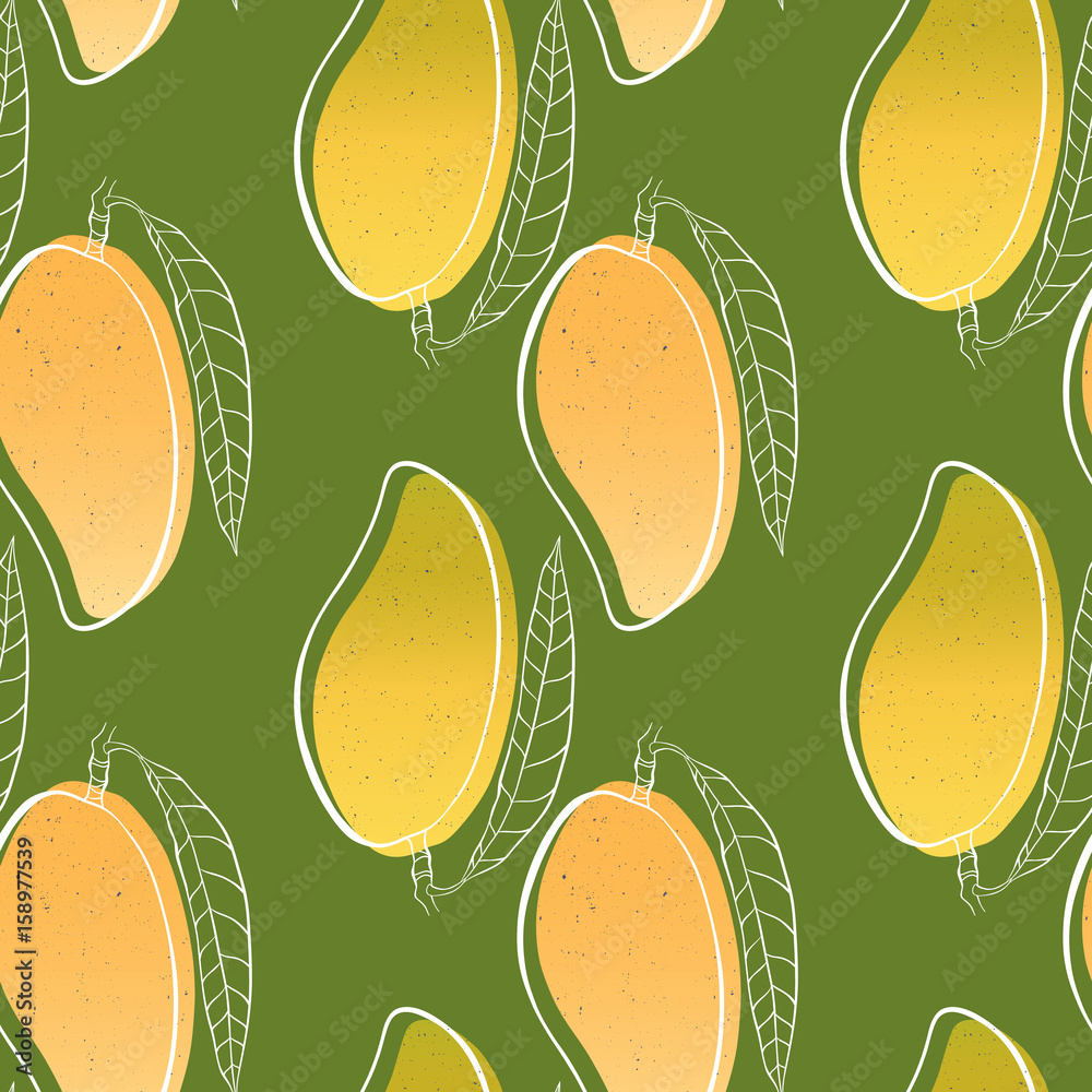 Vector tropical seamless pattern with mango on green background.Hand ...