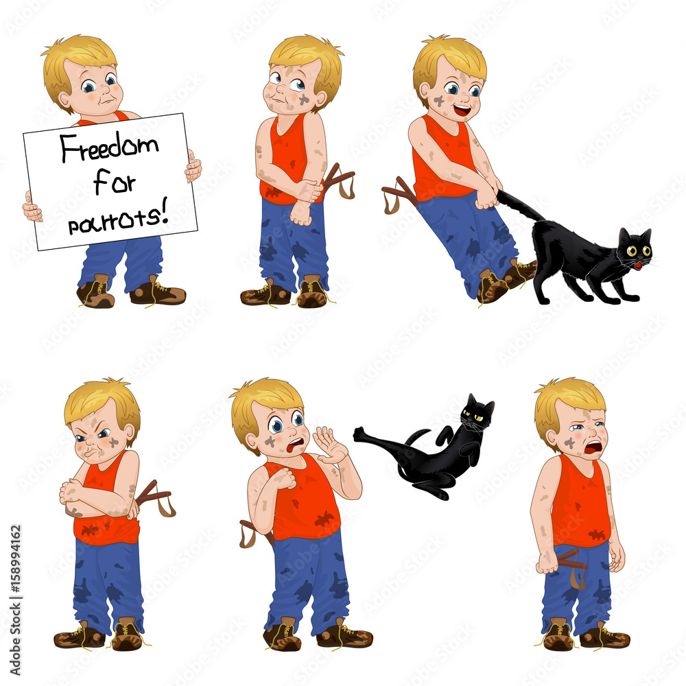 Vector Illustration little hellion boy set emotions. Boy has untidy ...