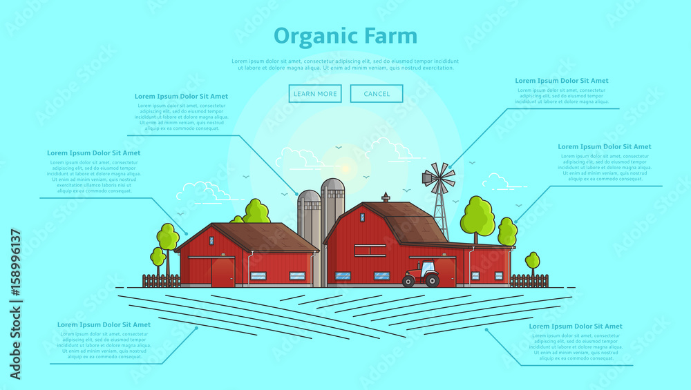Concept of web banner with farm and infographic. Color vector ...