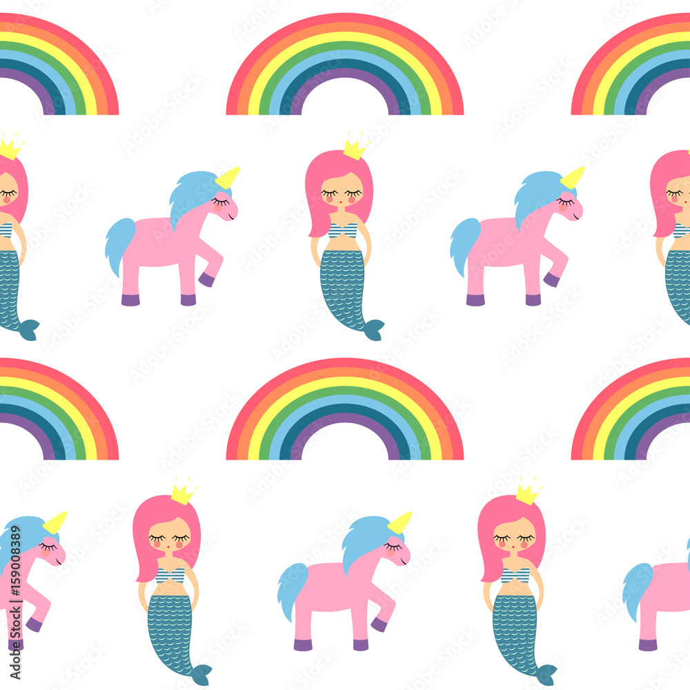 Seamless pattern with mermaids, unicorns and rainbows for kids holidays ...