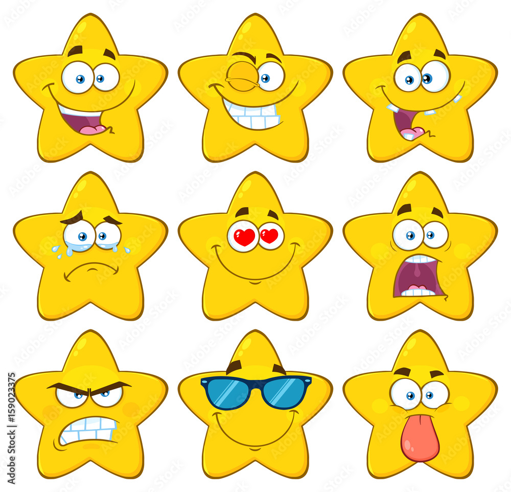 Funny Yellow Star Cartoon Emoji Face Series Character Set 1. Collection ...