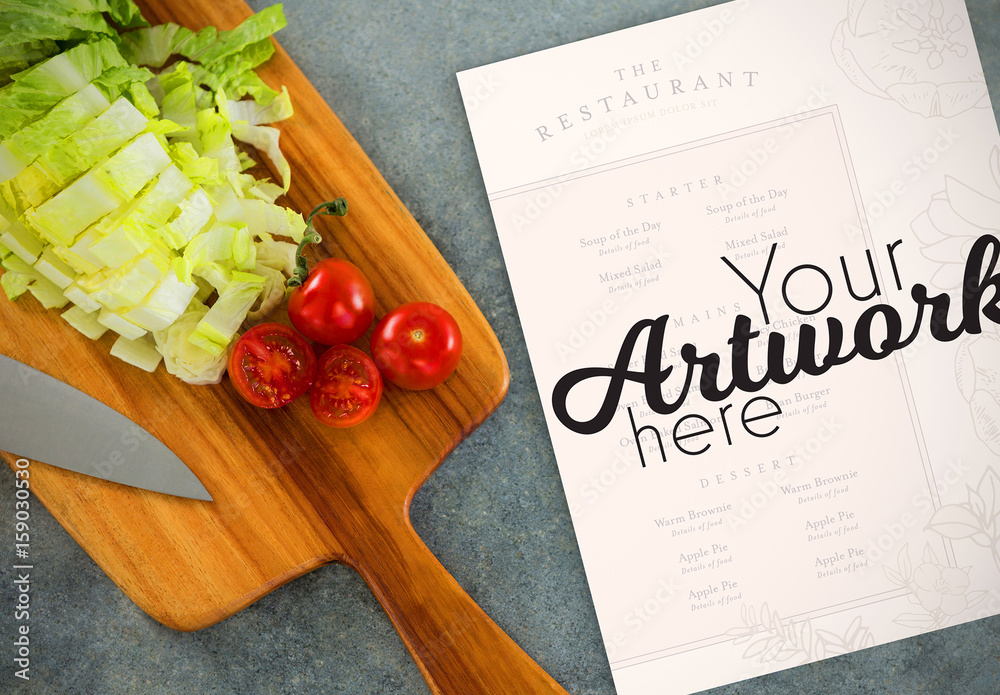 Menu on Counter with Chopped Lettuce and Tomato Stock Template | Adobe ...