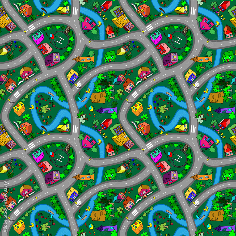 Vector seamless background with cartoon roads and cars. Stock Vector ...