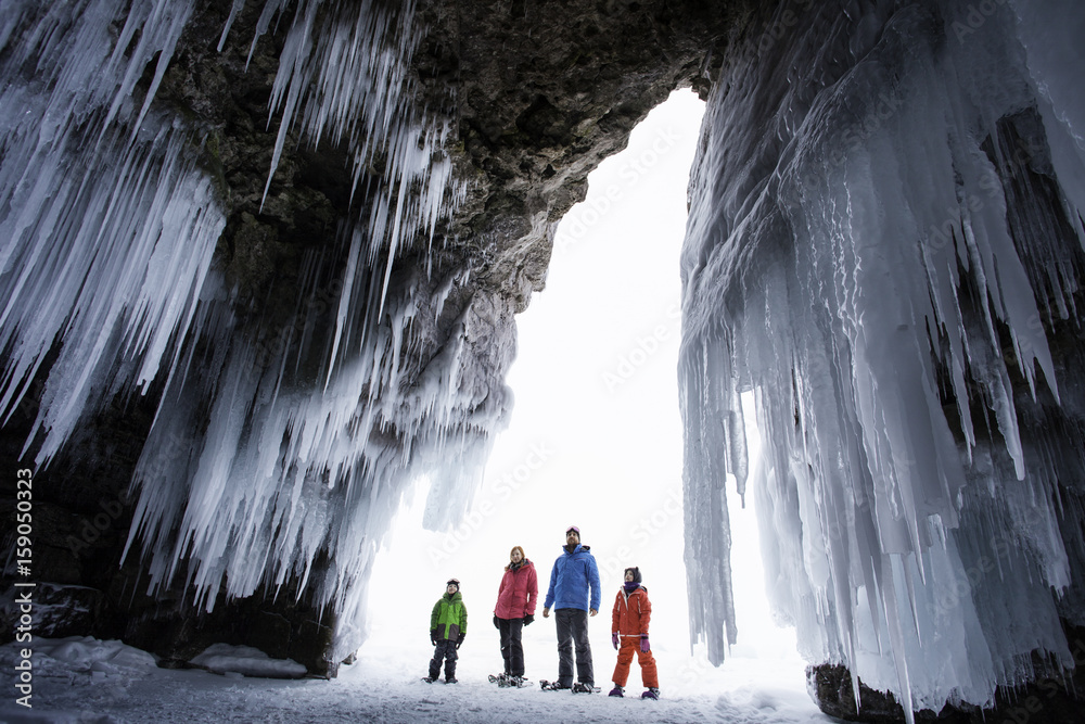 Winter Family Outdoors Snowshoe Adventure to Frozen Ice Cave Grotto at ...