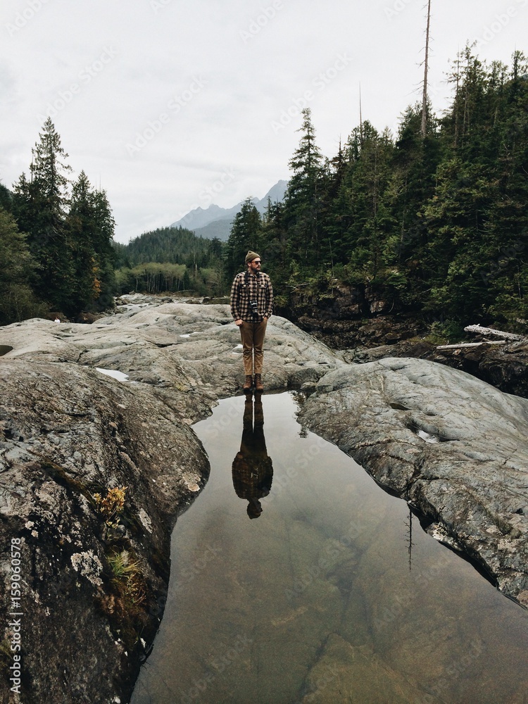 young mans reflection shows in water in nature Stock Photo | Adobe Stock