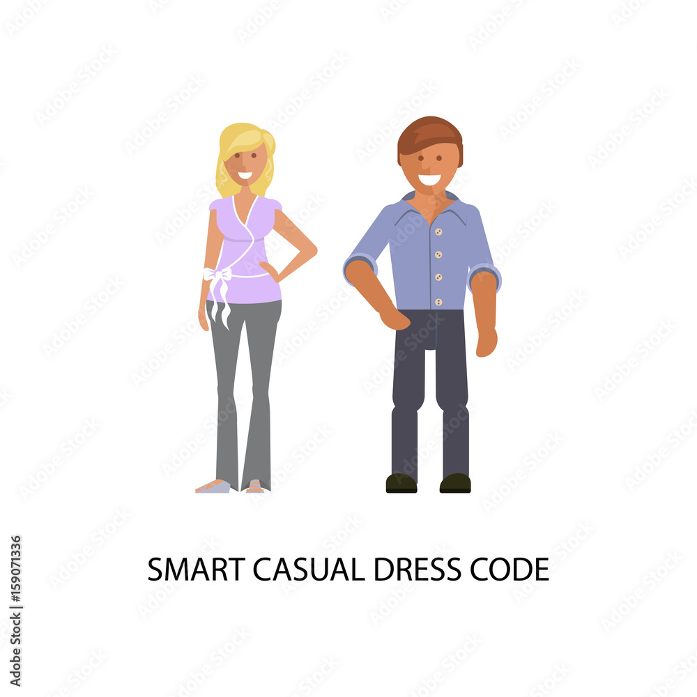 Business dress code. Man and woman in smart casual style suits isolated ...