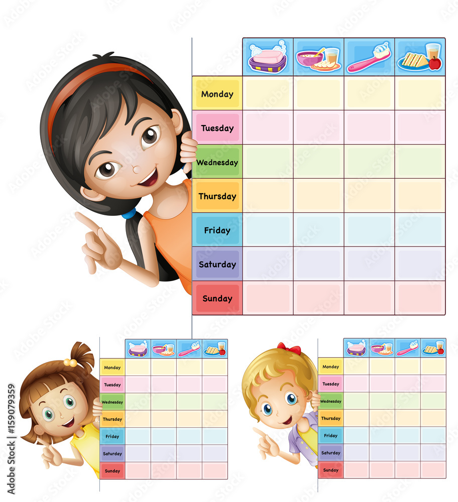 Timetable template with happy girls Stock Vector | Adobe Stock