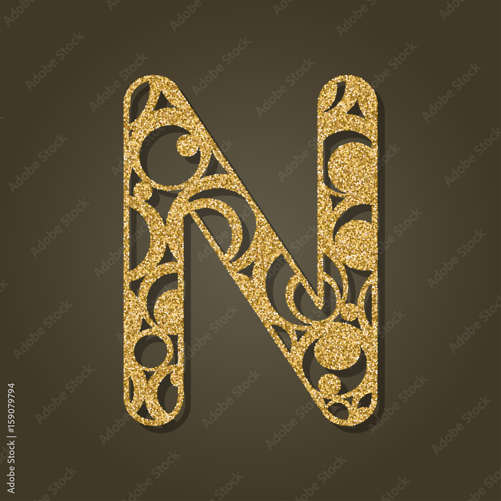 Gold letter N for laser cutting. English alphabet. Vector illustration ...