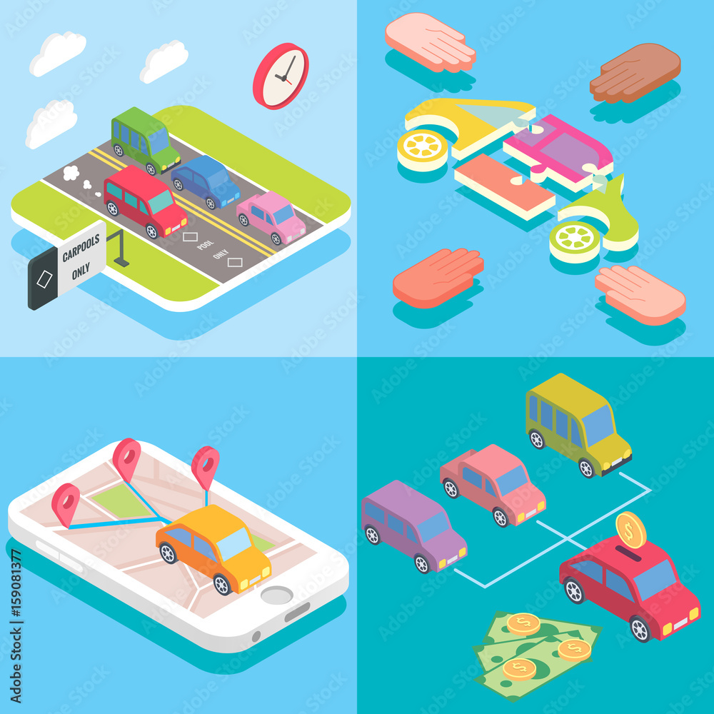 Carpool service concept in isometric style design. Vector flat 3d icons ...