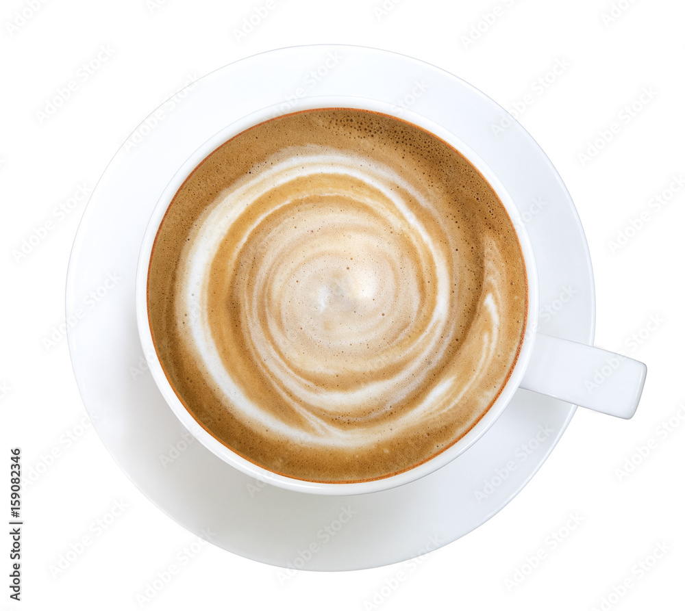 Top view of hot coffee latte cappuccino spiral foam isolated on white ...