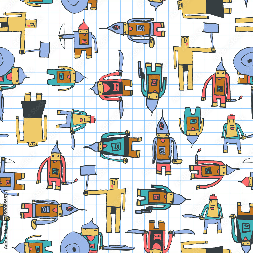 Hero seamless pattern. Divine child's drawing with school pen. Cute ... Hero seamless pattern. Divine child's drawing with school pen. Cute ...