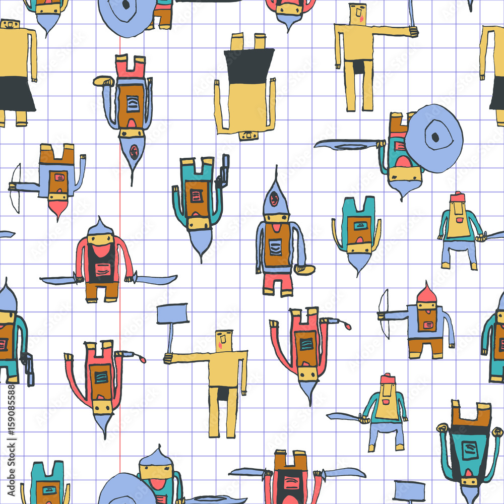 Hero seamless pattern. Appealing child's drawing with school pen. Cute ...
