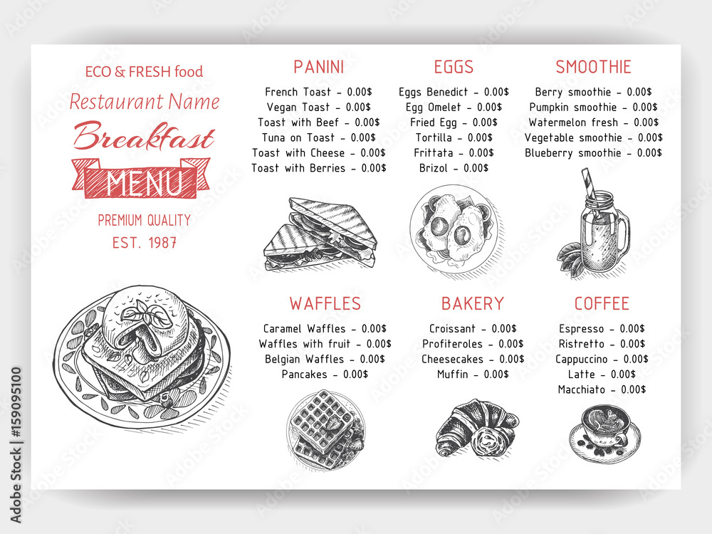 Vector illustration sketch - breakfast. Card Menu brunch. design ...