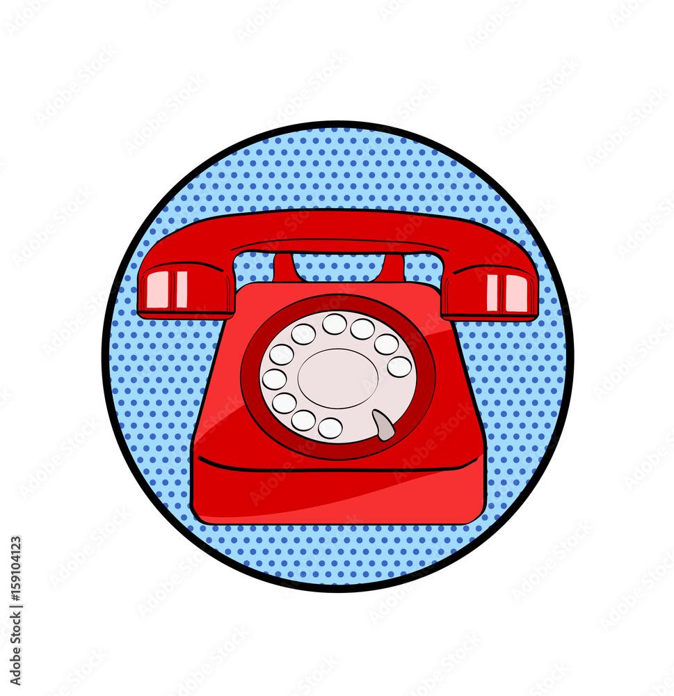 Red old phone icon in pop art retro comic style on white background ...