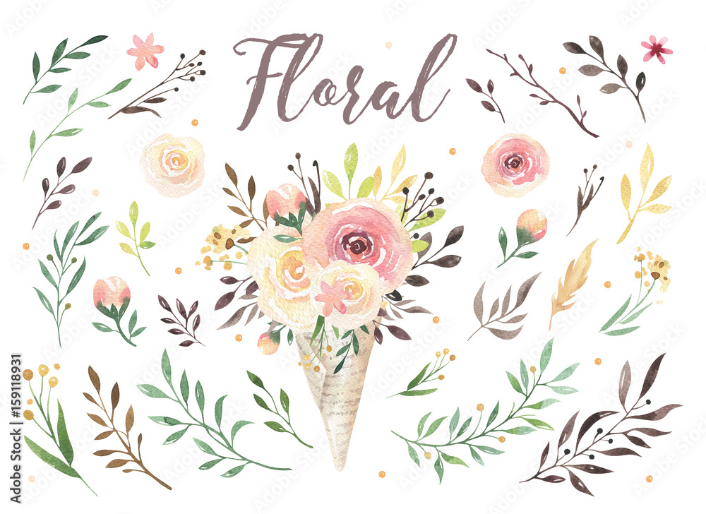 Hand drawing isolated boho watercolor floral illustration with leaves ...