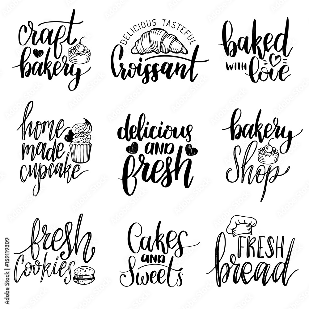 Vector set of vintage bakery hand lettering.Calligraphy collection with ...