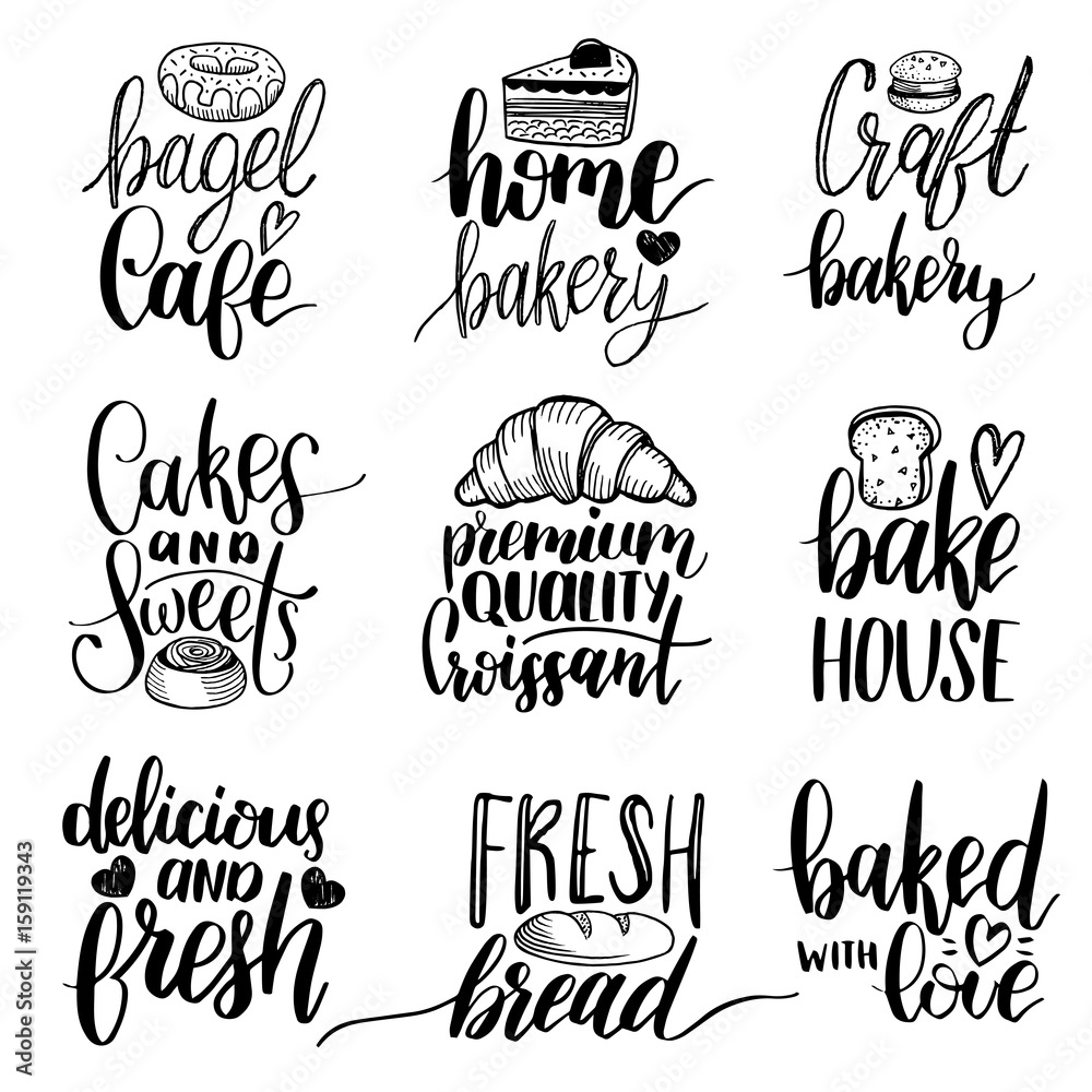Vector set of vintage bakery hand lettering.Calligraphy collection with ...