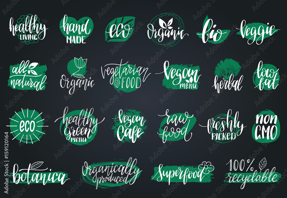 Vector eco, organic, bio signs. Vegan, healthy food illustrations set ...