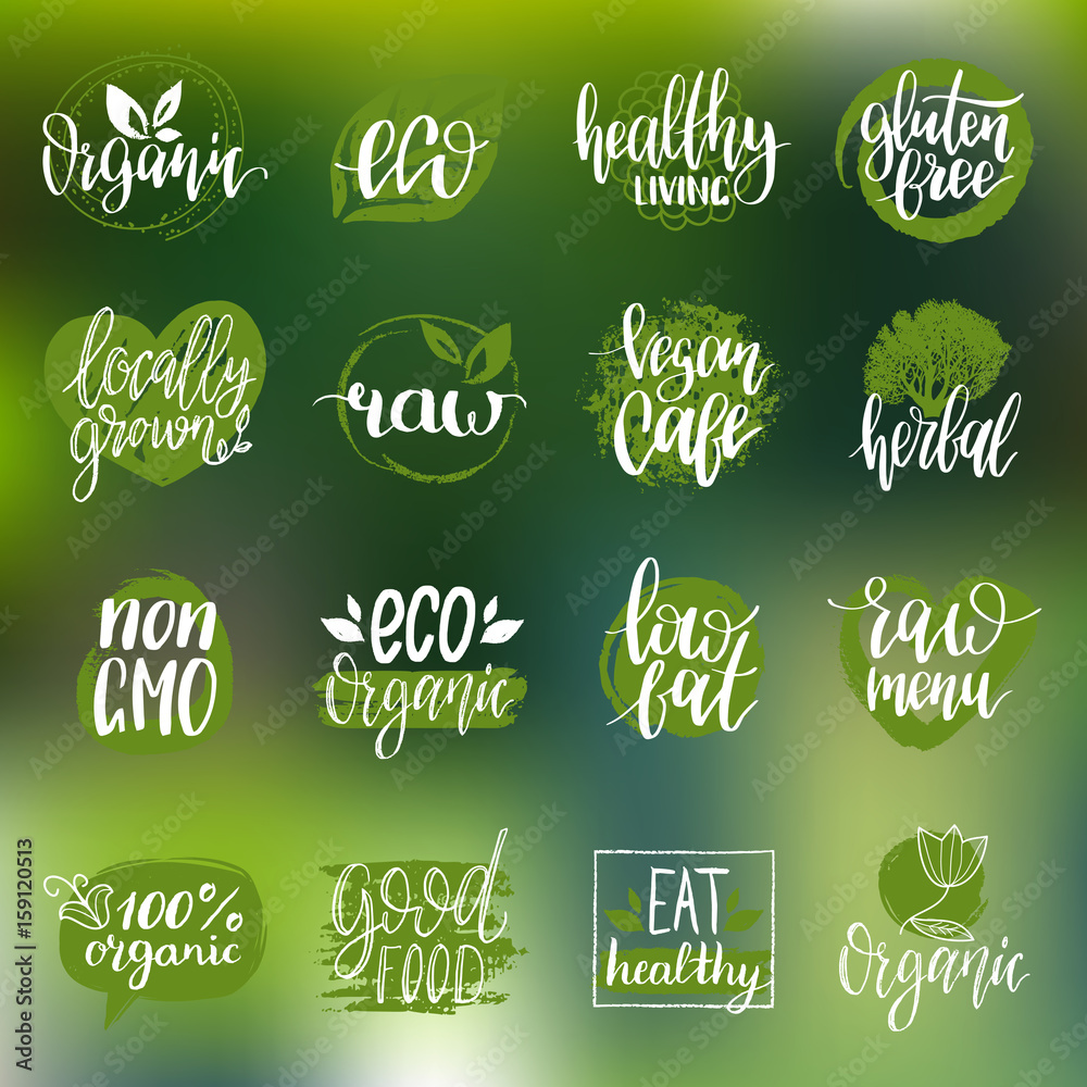 Vector eco, organic, bio signs. Vegan, healthy food illustrations set ...