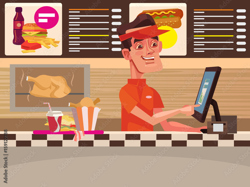 Fast food cafe. Happy smiling cashier man character. Vector flat ...