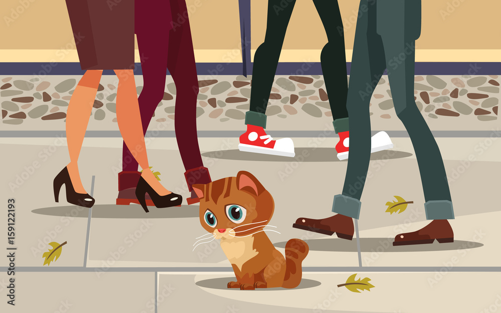 Sad lonely homeless lost poor little cat child character sitting on ...