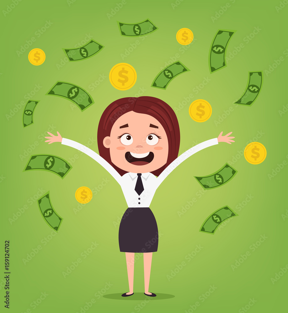 Happy smiling business woman office worker character standing under ...