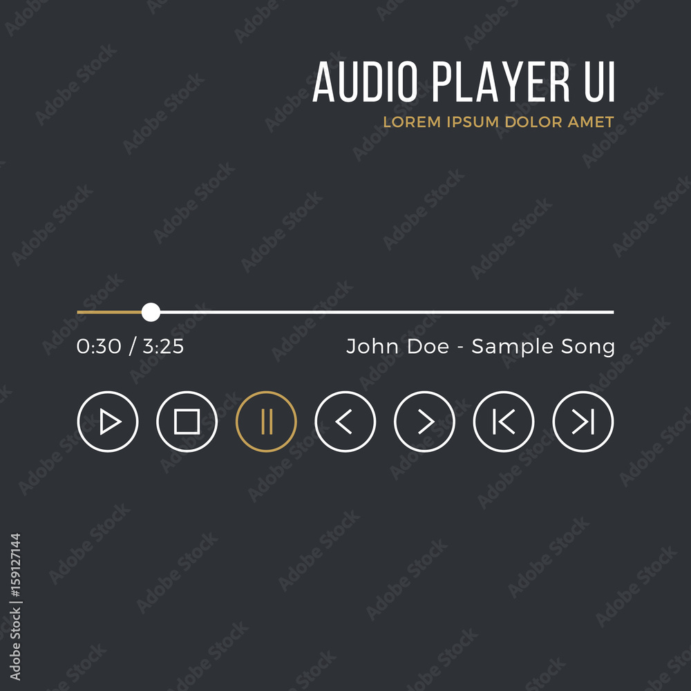 Audio player interface. Timeline, buttons, icons, artist name, song title. Media player ui ...