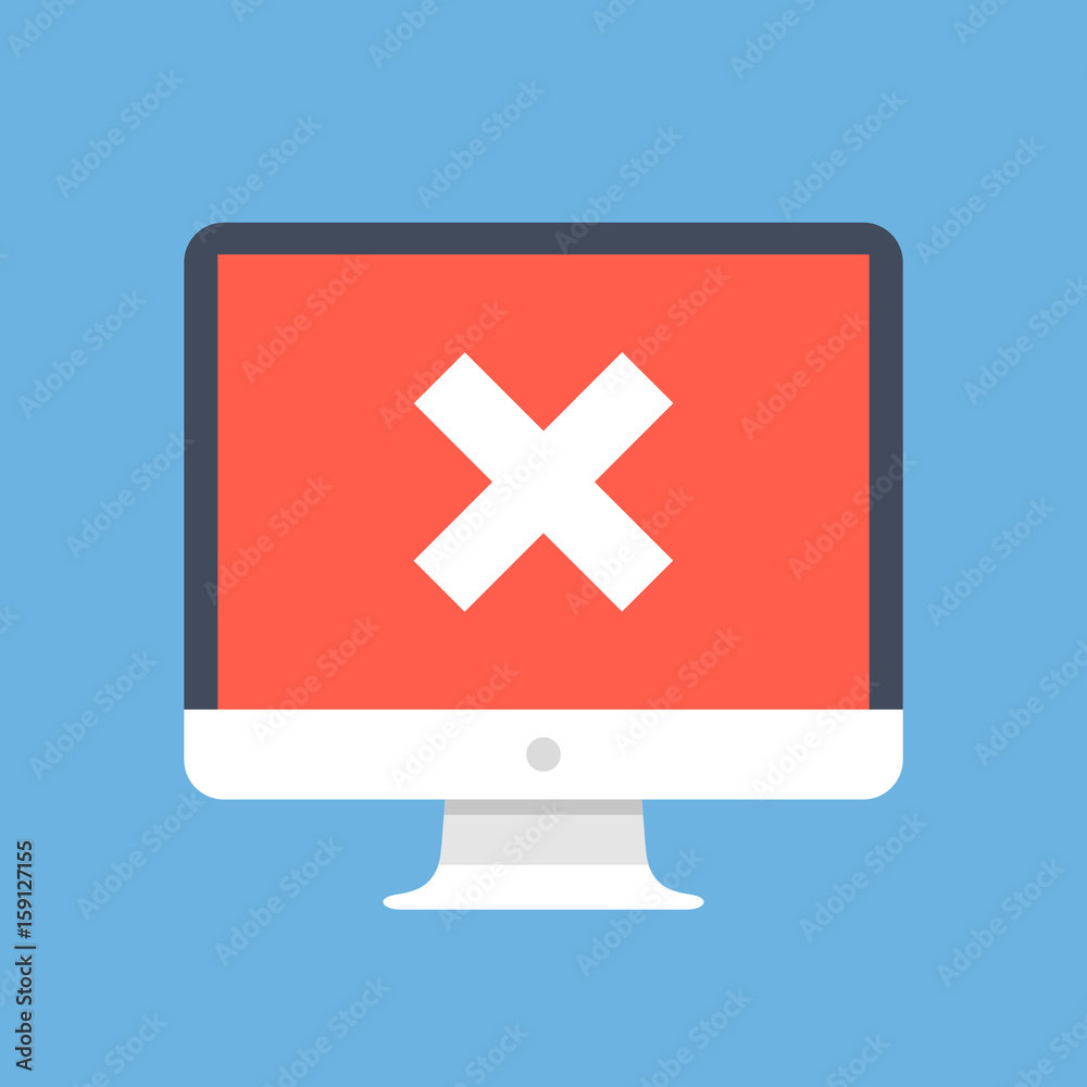 Red x mark on computer screen. PC, desktop computer with white cross ...