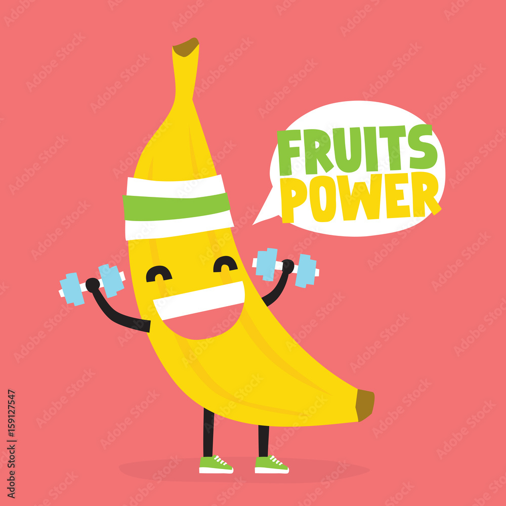 Fruits power. Cute kawaii banana bodybuilder vector illustration Stock ...