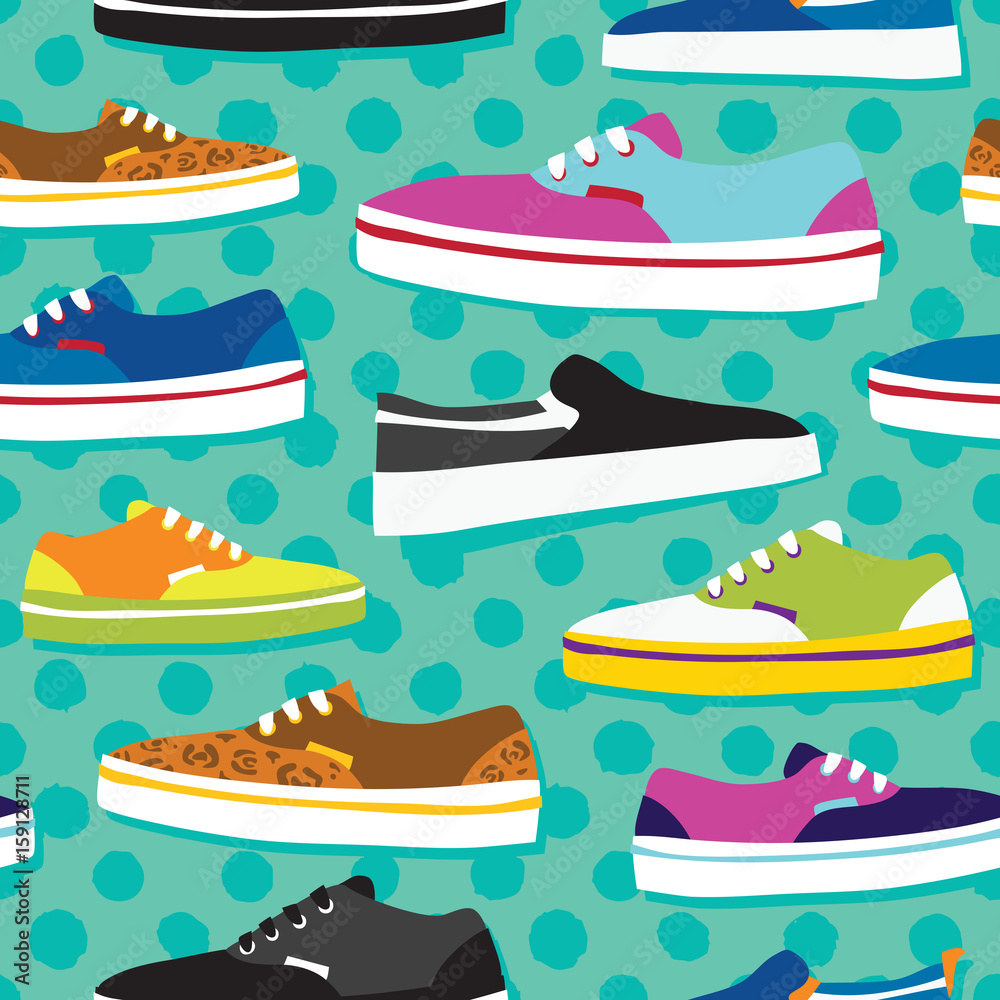 Hand drawn cartoon style skateboarding sneaker shoes vector seamless ...