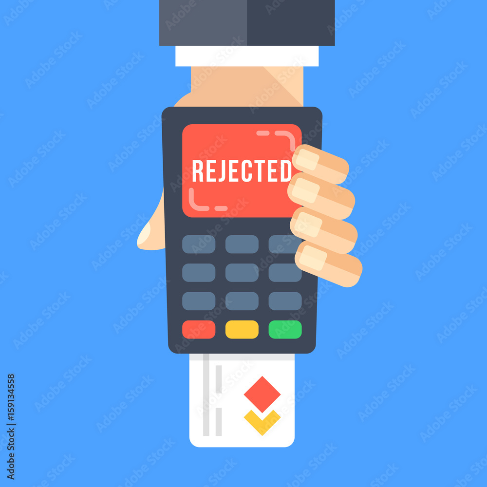 Hand holding payment terminal with inserted credit card and word ...