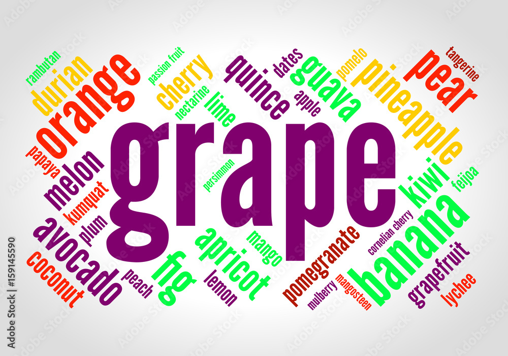 Grape. Word cloud, brightly colored font, grey gradient background ...