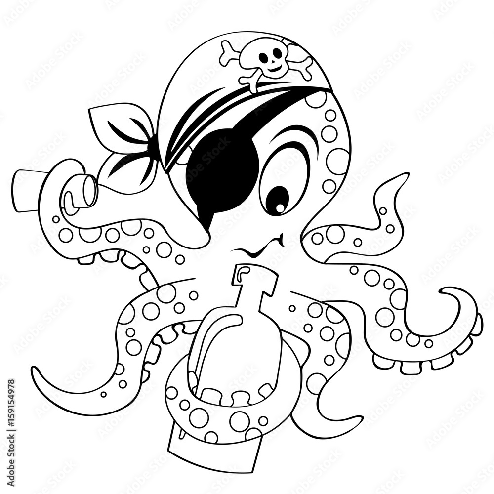 Cartoon pirate octopus with bottle. Black and white vector illustration ...