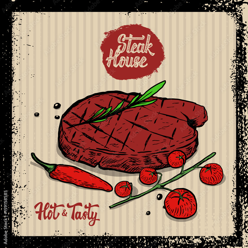 Steak house poster template. Grilled steak with cherry tomatoes, chili ...