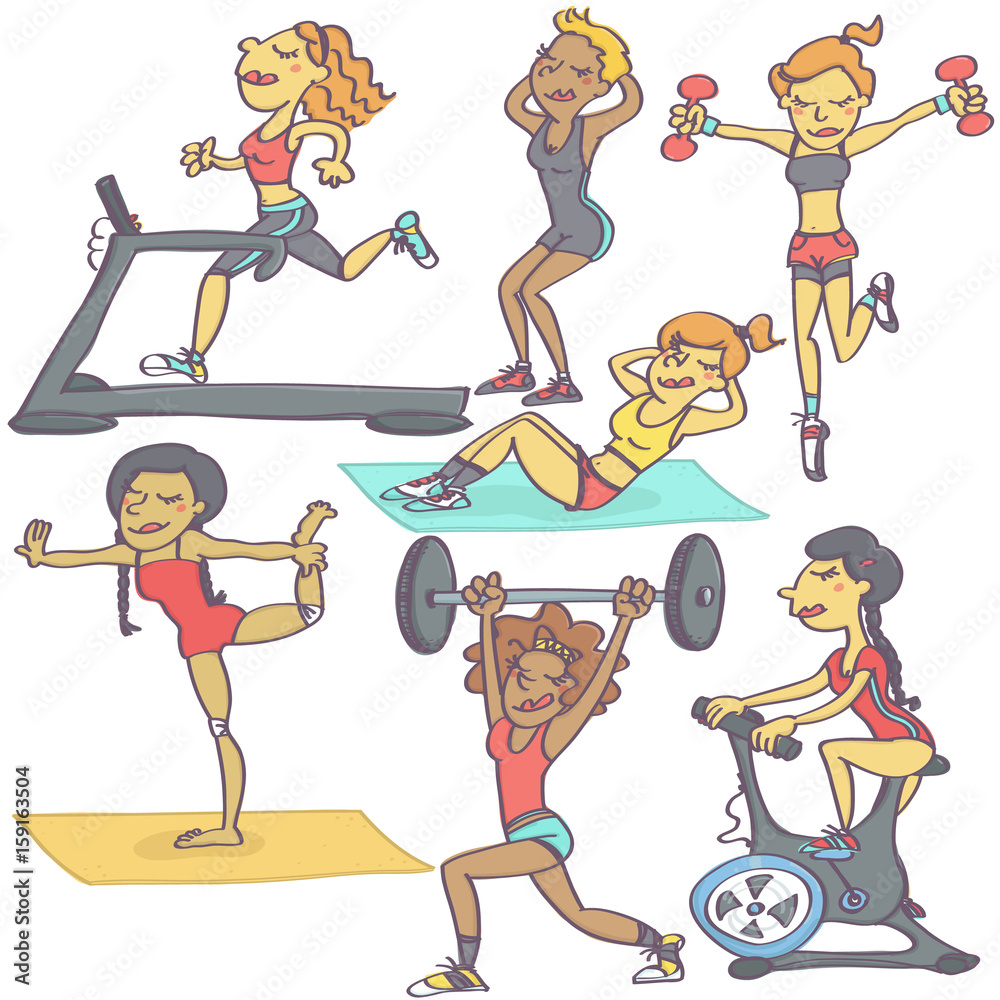 Colorful vector cartoon collection with women doing different workout ...