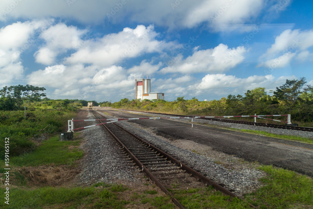 Gate, transport tracks and The final assembly building for Ariane 5 ...