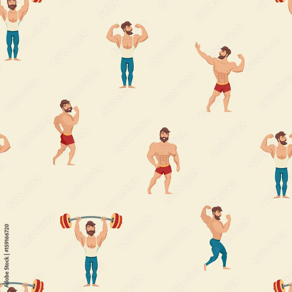 Sport and gym vector pattern. Hand draw backdrop with muscular, bearded ...