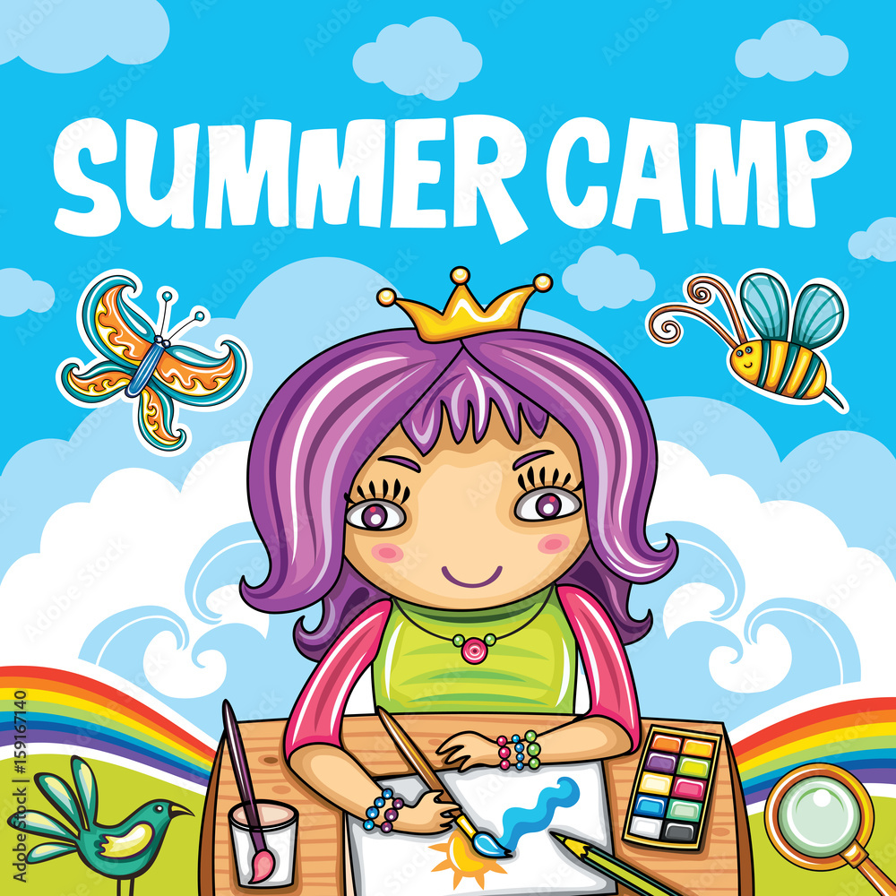 Colorful floral poster with little girl painting picture. Summer cloud ...