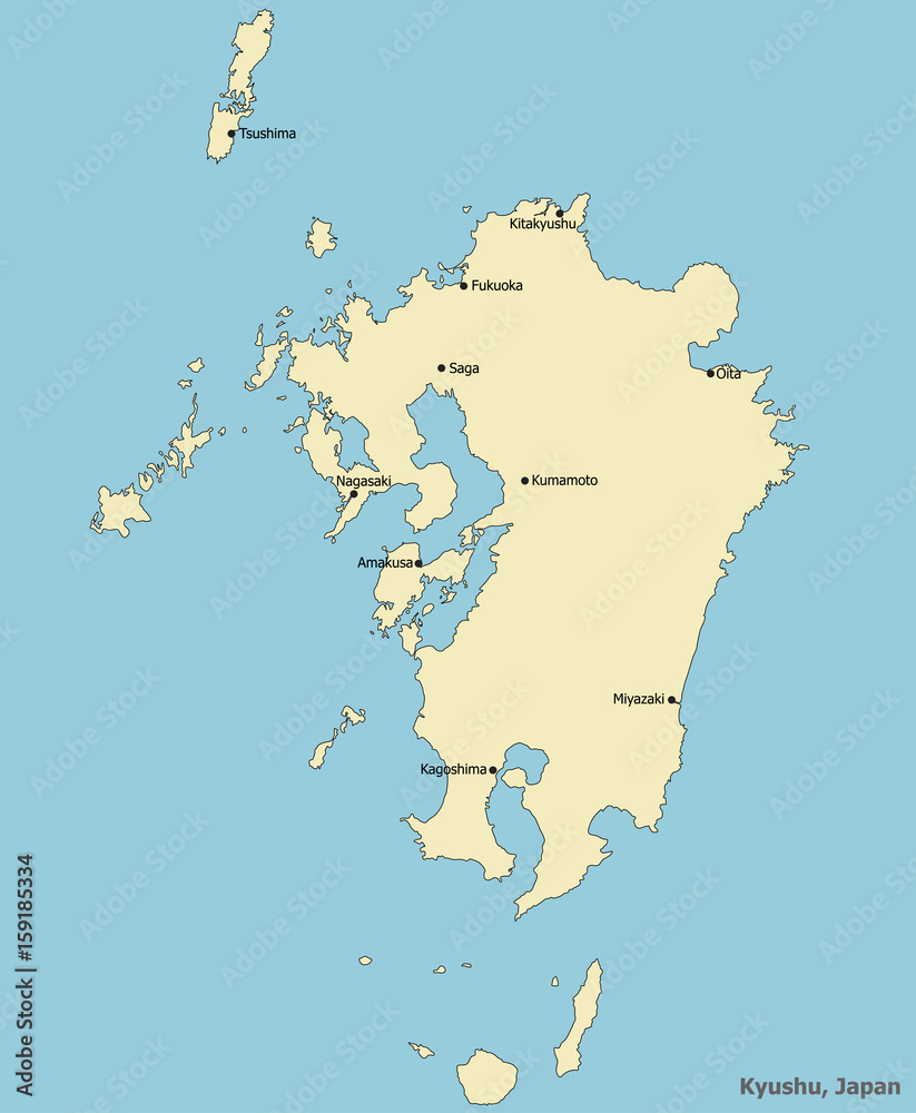 Highly detailed Kyushu map, Japan, Main Cities Stock-Vektorgrafik ...