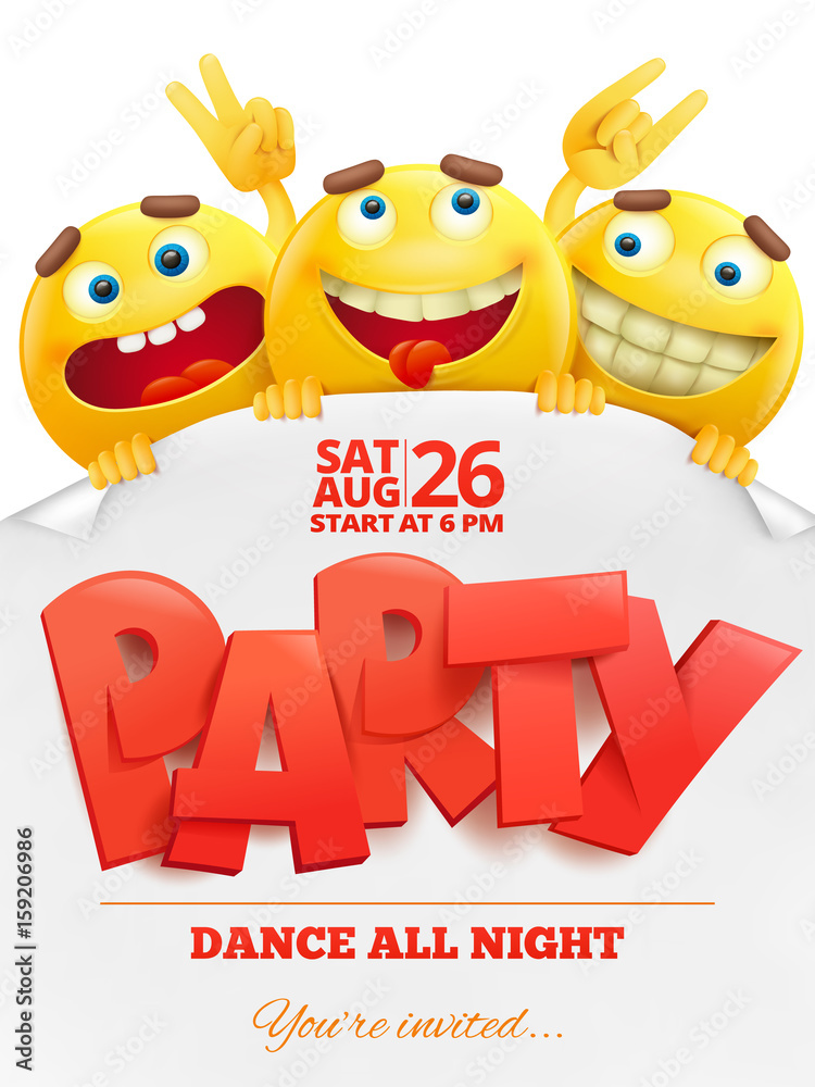 Smiley yellow round faces group emoticon characters with Party ...